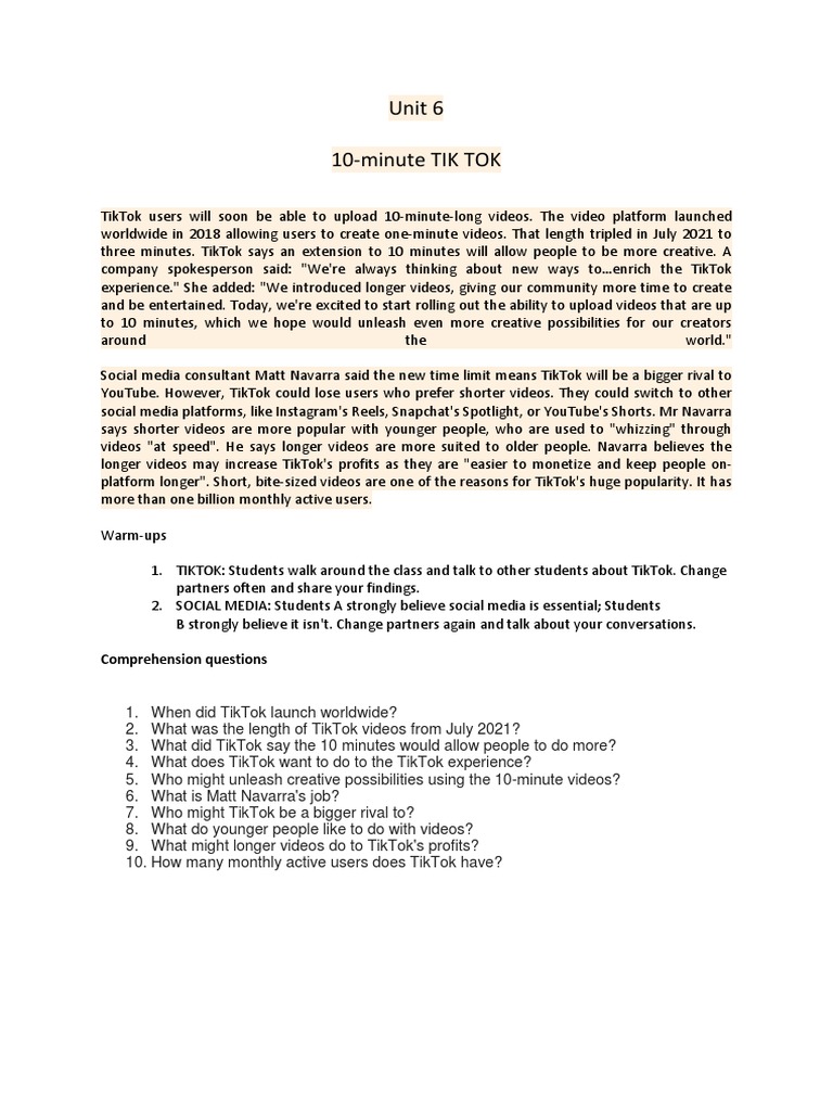 Unit 6 10-Minute TIK TOK: Comprehension Questions | PDF | You Tube ...