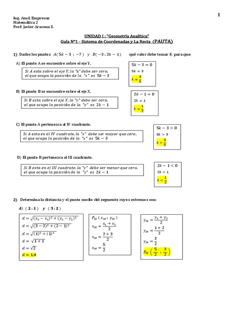 Guia N°1 Sistemas de Coordenadas y La Recta (PAUTA) | PDF | Línea ...