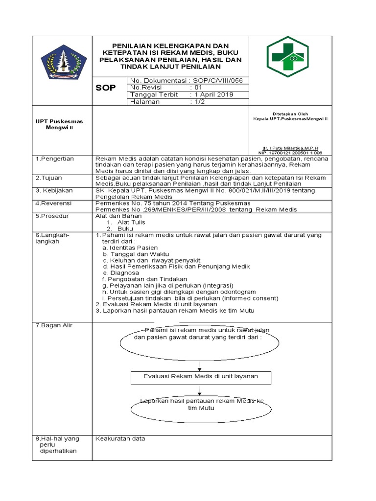 Sop 3. Penilaian Kelengkapan Dan Ketepatan Isi Rekam Medis | PDF