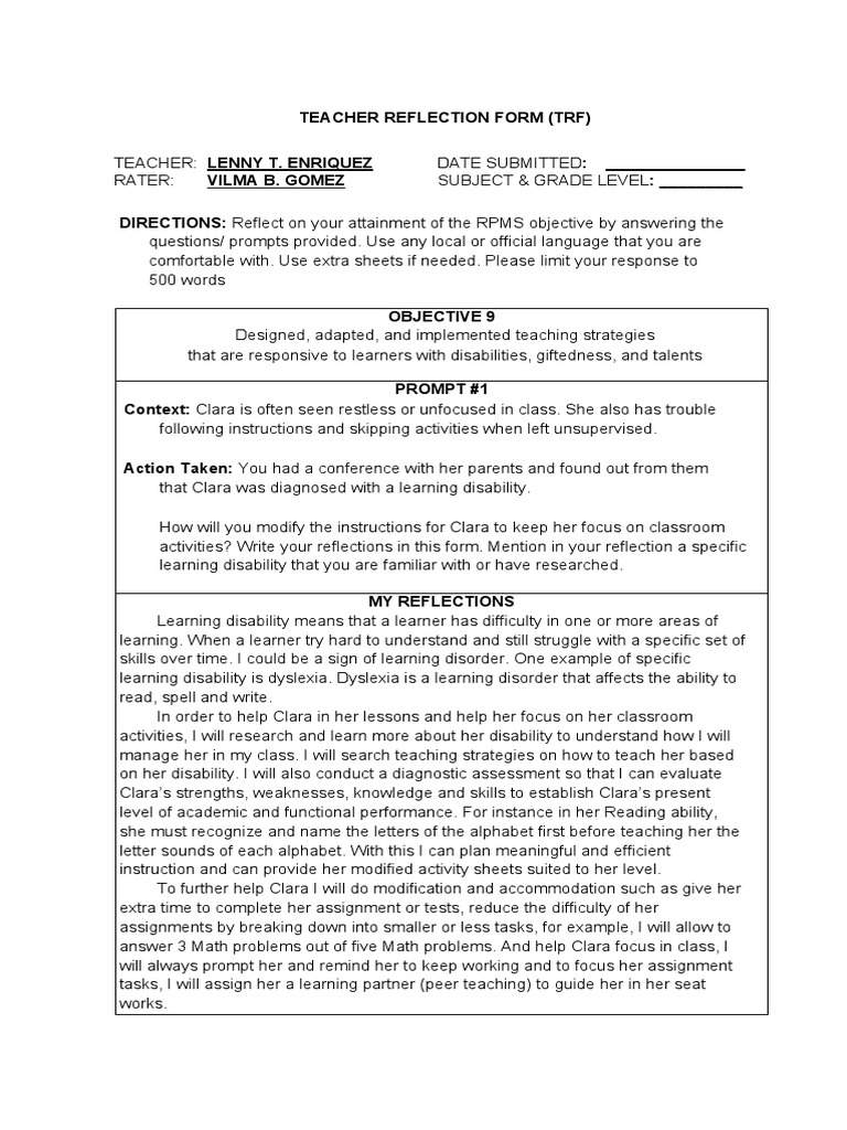 Teachers Reflection Form Obj. 9 10 | PDF | Learning Disability | Learning