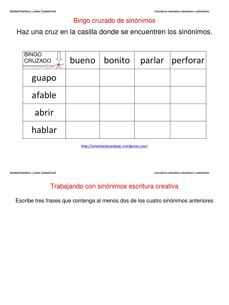 Bingo de Sinónimos y Antónimos | PDF | Artes del Lenguaje y Comunicación