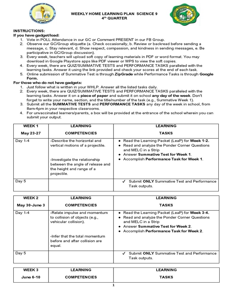 Weekly Science Learning Plan 9 | PDF | Projectiles | Momentum