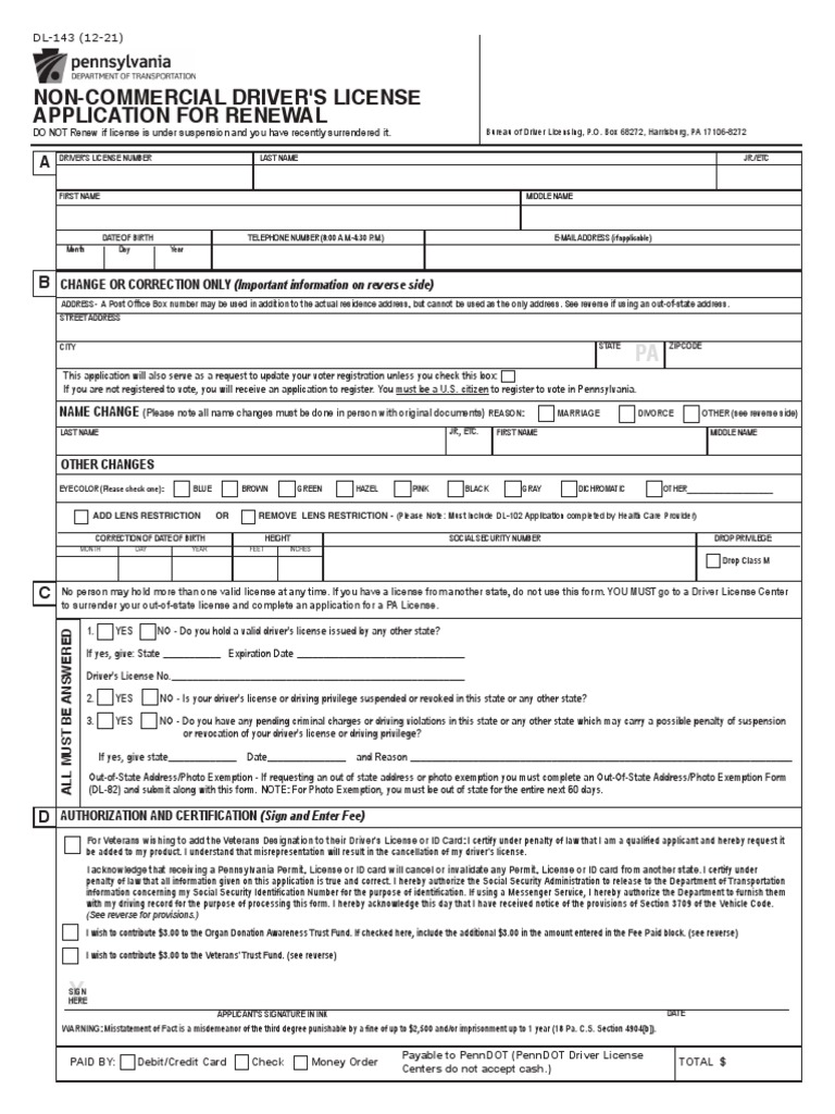 Non-Commercial Driver'S License Application For Renewal | PDF | Driver ...