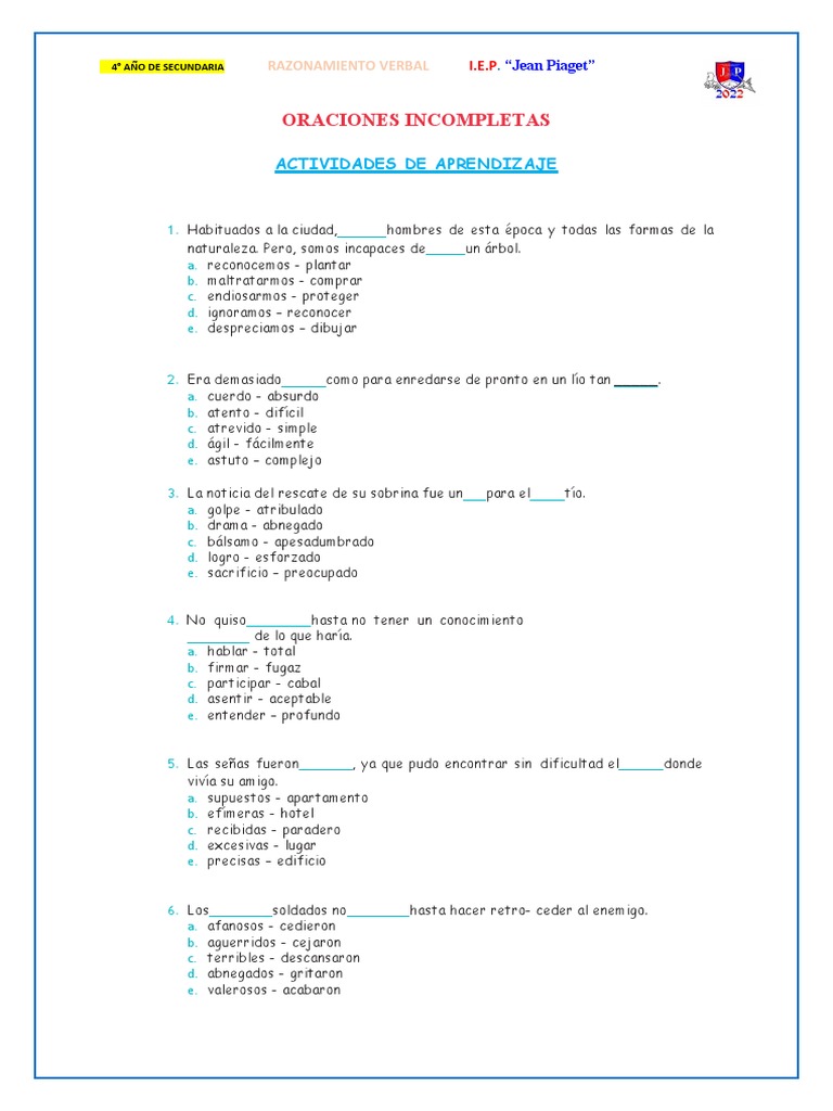 Actividad-Oraciones Incompletas | PDF