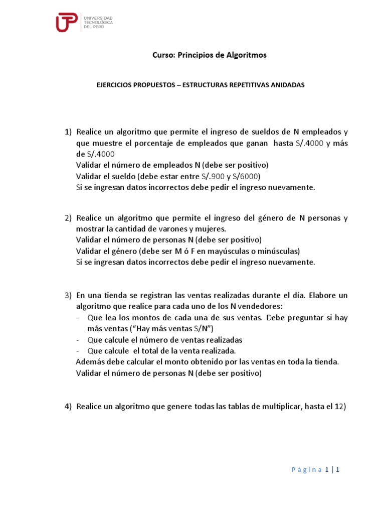 Ejercicios Estructuras Repetitivas Anidadas | PDF