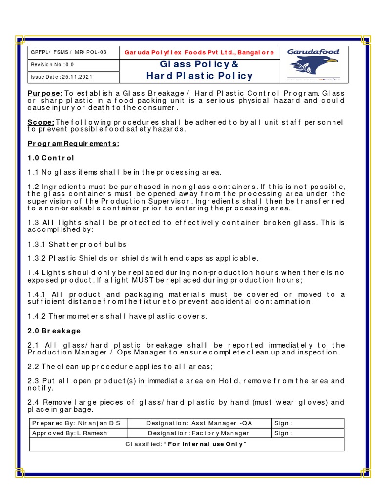POL 03 GP Foods Glass Policy Hard Plastic Policy | PDF | Food Safety ...
