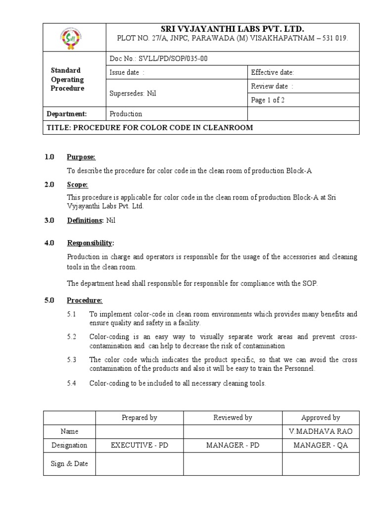 Color Code Sop | PDF