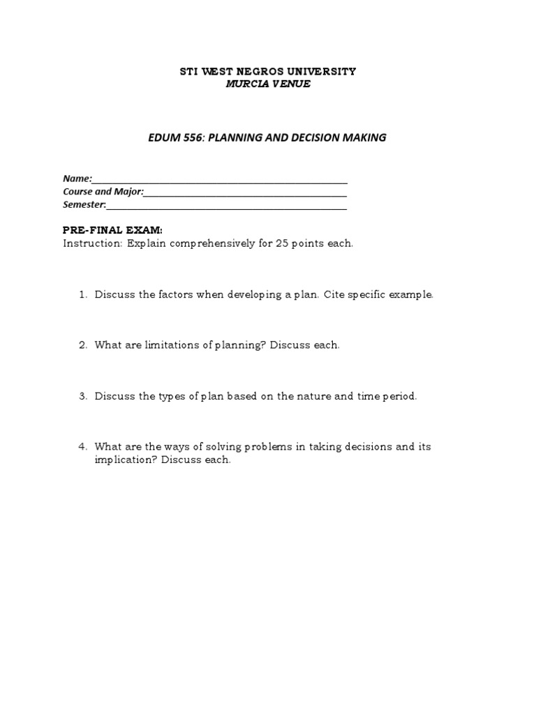 STI Pre-Final Exam Planning Guide | PDF | Career & Growth