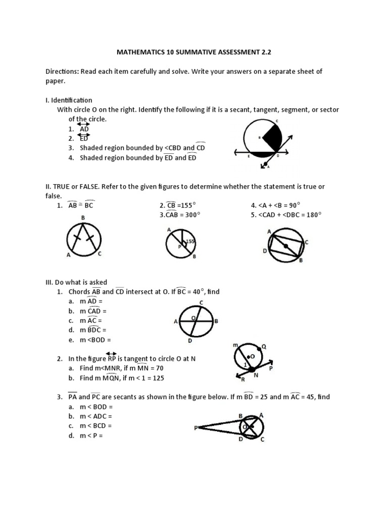 Mathematics 10 Summative Assessment 2.2 | PDF