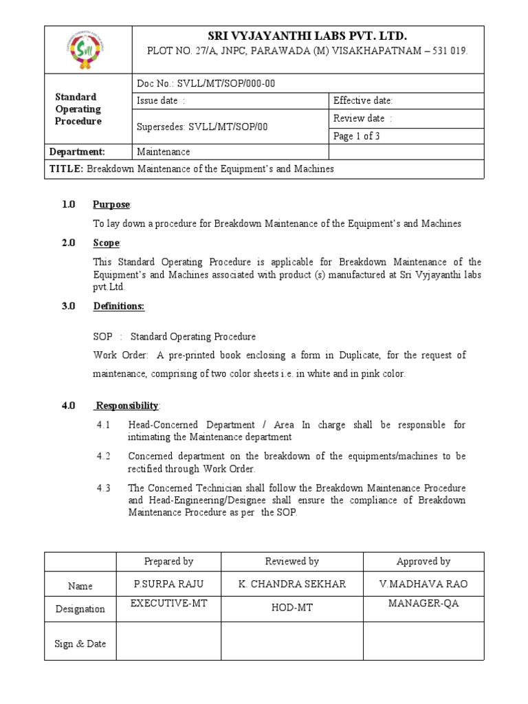Break Down of Equipments and Machines - Sop | PDF