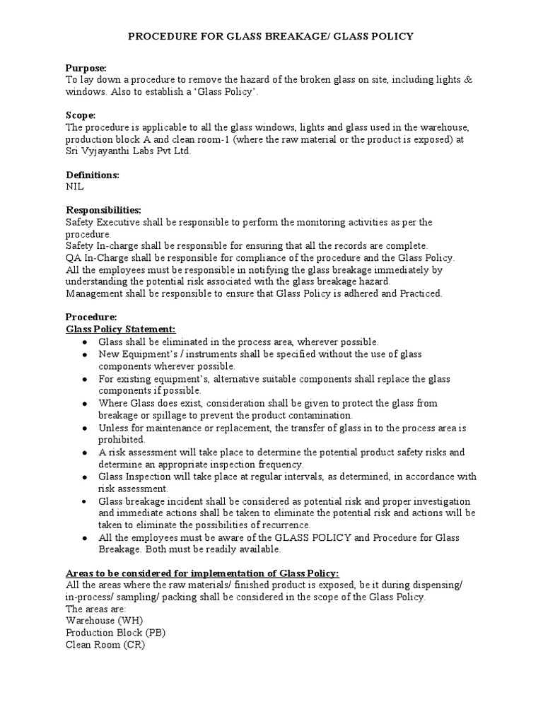 Glass Breakage SOP-Satya | PDF | Personal Protective Equipment | Risk ...