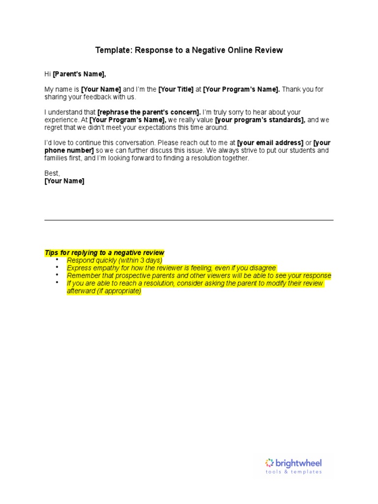 Negative Review Response Template | PDF | Payments