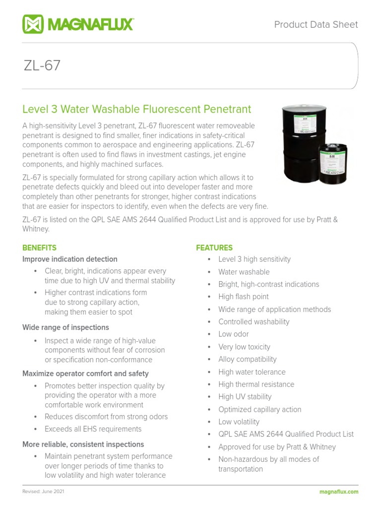 Level 3 Water Washable Fluorescent Penetrant: Product Data Sheet | PDF ...