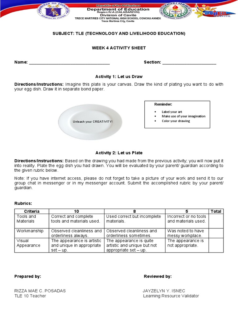 TLE 10 Week 4 1st Quarter Activity Sheet | PDF | Rubric (Academic ...