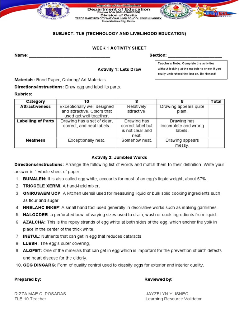 TLE 10 Week 1 1st Quarter Activity Sheet | PDF | Egg