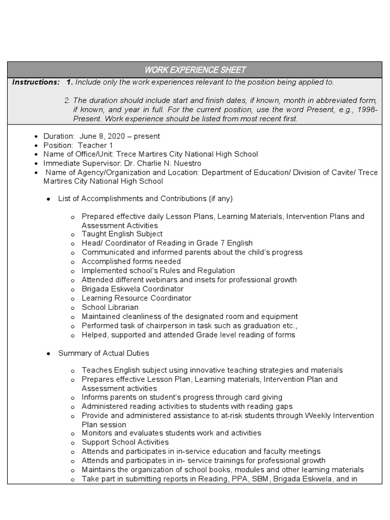 Work Experience Sheet CS Form No. 212 | PDF | Lesson Plan | Learning