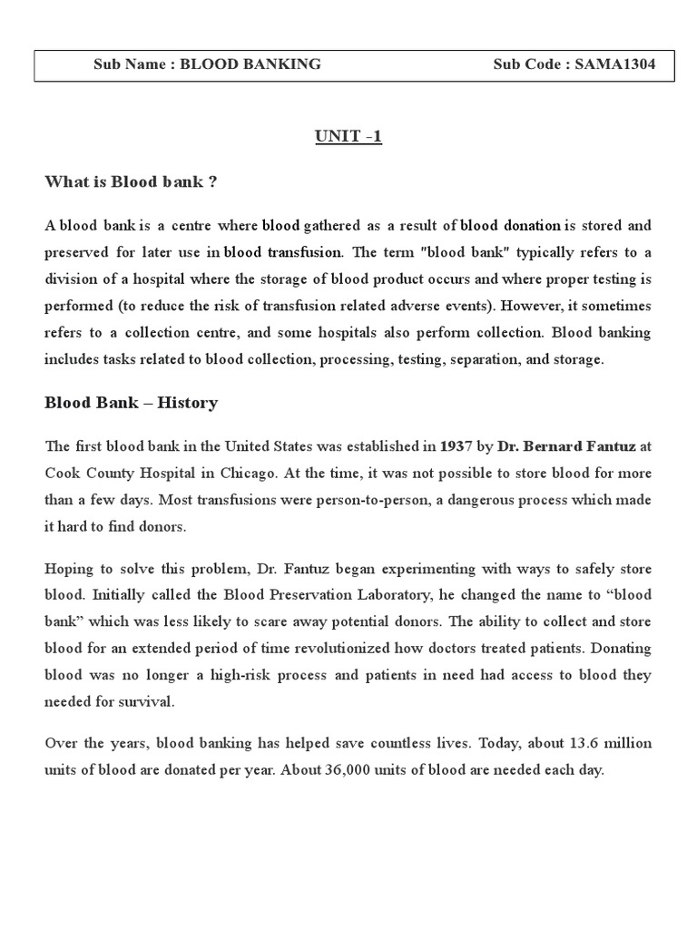 Blood Bank Notes Unit - 1 | PDF | Blood Type | Blood Donation