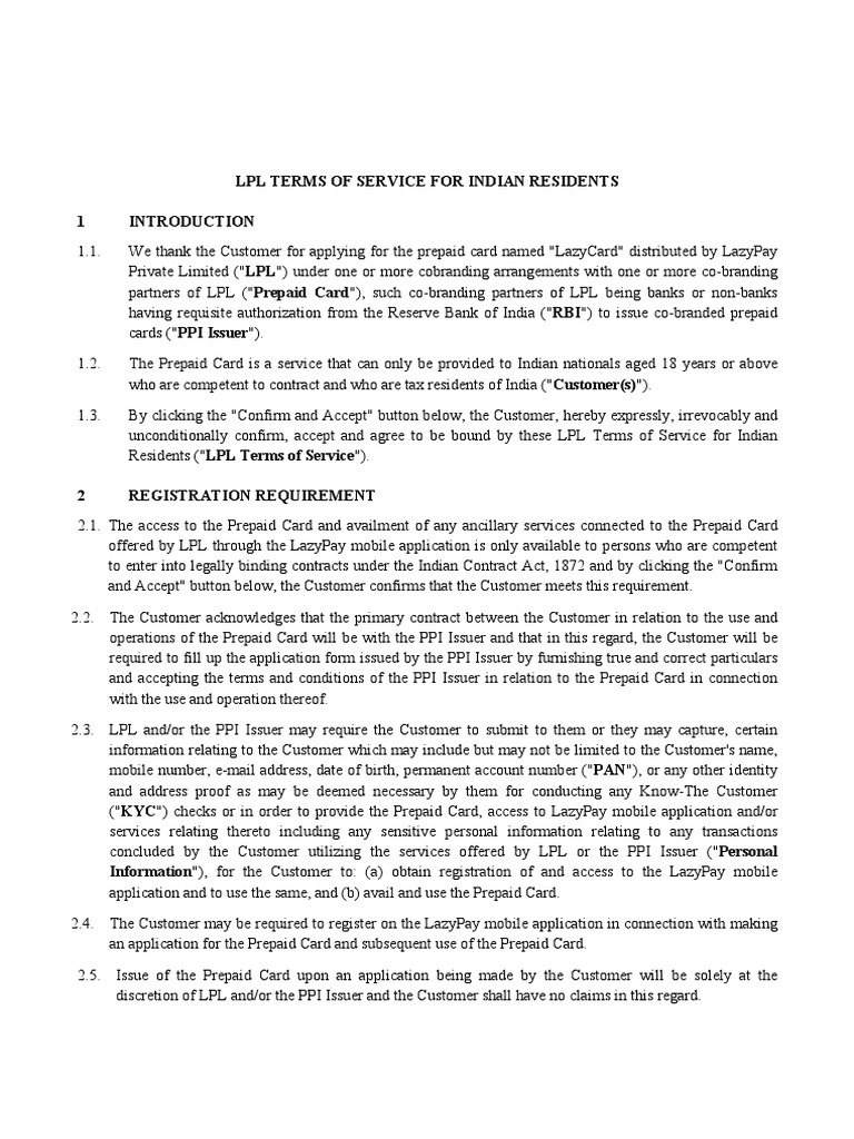 LPL Terms of Service For Indian Residents 1 | PDF | Stored Value Card ...