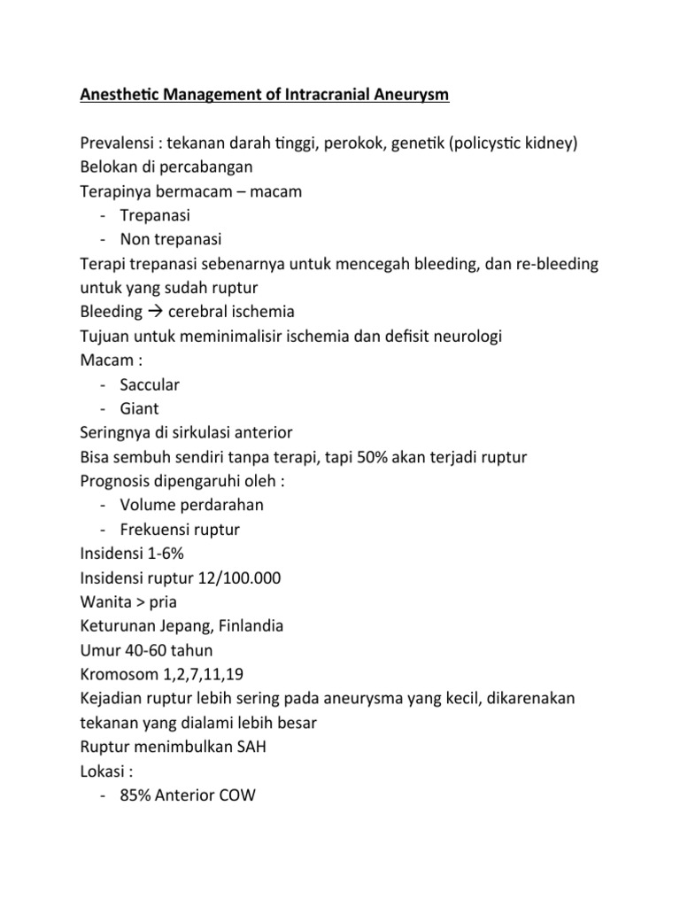 ANESTHESIA MANAGEMENT OF INTRACRANIAL ANEURYSM AND AVM | PDF