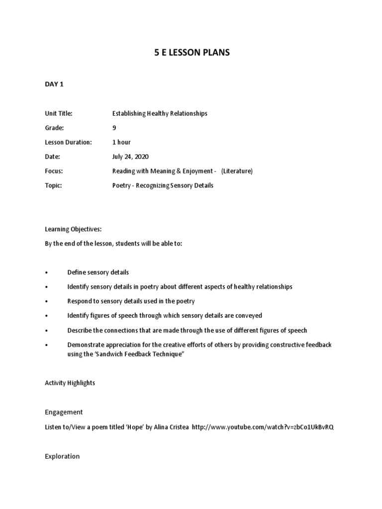 5E LESSON PLANS Grade 9 | PDF | Perception | Poetry