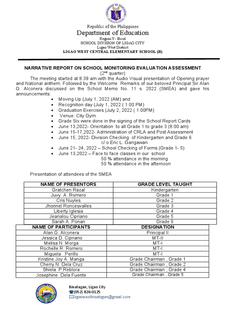 Department of Education: Narrative Report On School Monitoring ...