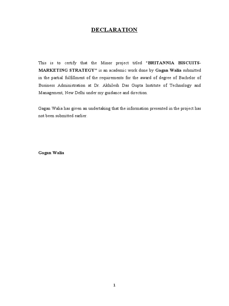 Declaration: MARKETING STRATEGY" Is An Academic Work Done by Gagan ...