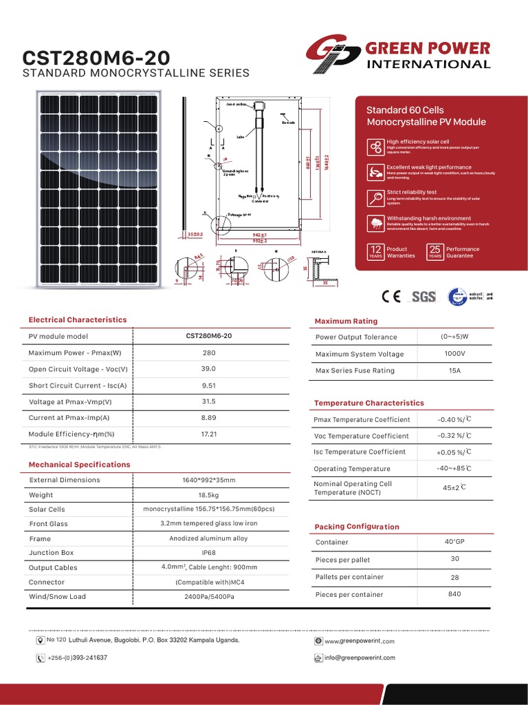 Solar Panel Datasheet 280W | PDF | Solar Panel | Energy Technology