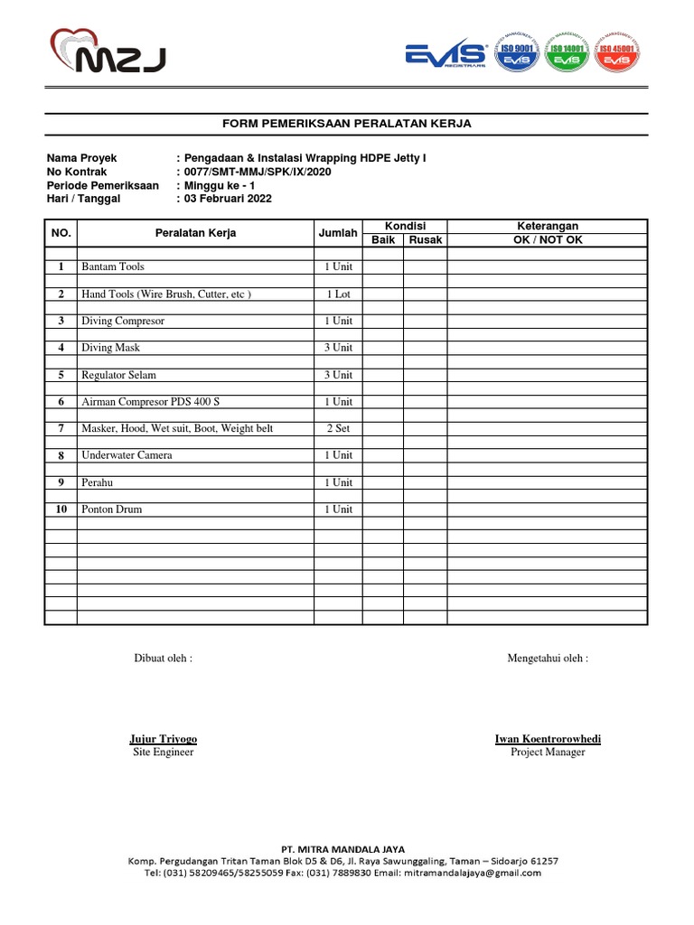 Form Pengecekan Peralatan Kerja | PDF