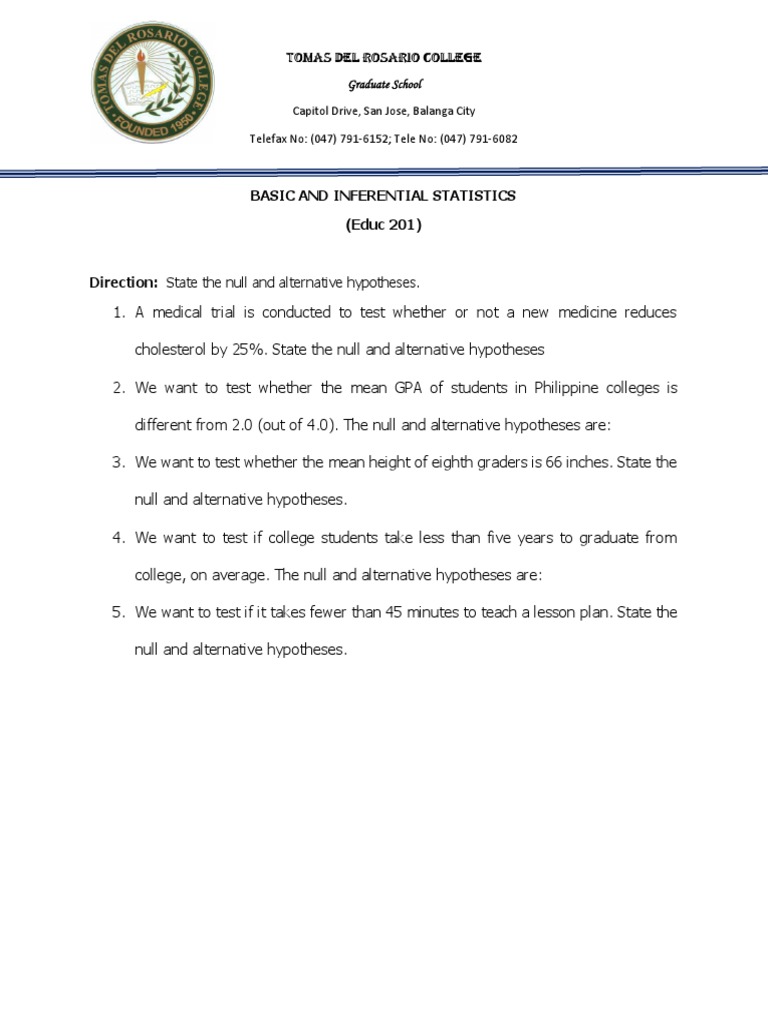 Activity On Null and Alternative Hypothesis | PDF