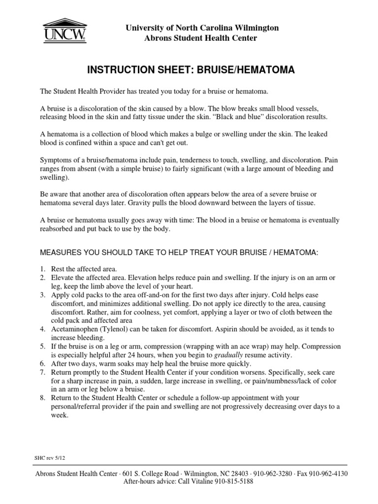 Bruise/Hematoma Care Guide UNCW | PDF | Edema | Pain