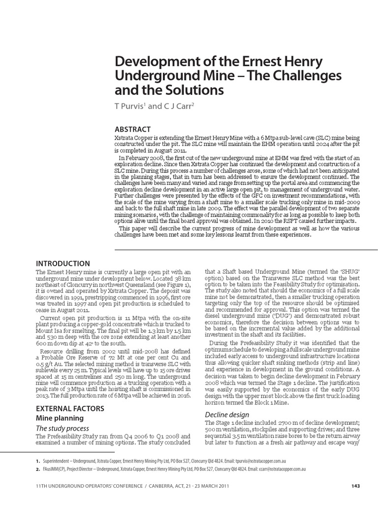 Development of The Ernest Henry Underground Mine | PDF | Mining | Pump