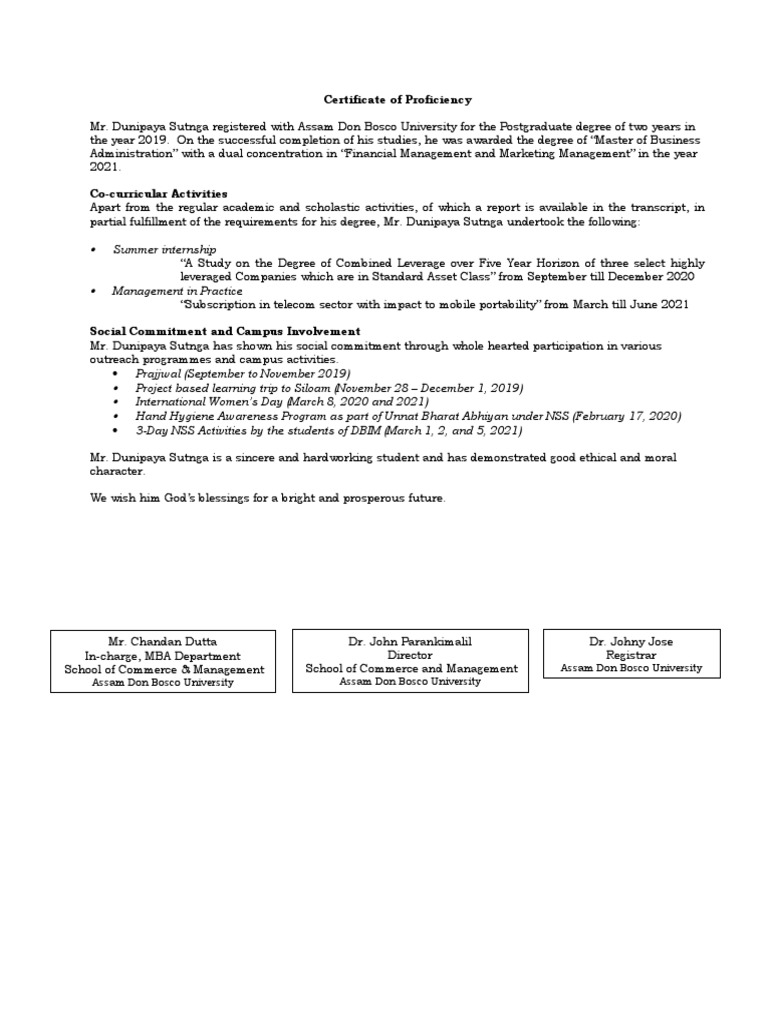 Proficiency Certificate Format | PDF
