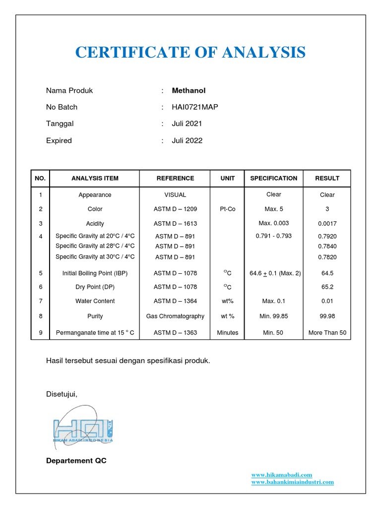 COA Methanol MAP | PDF