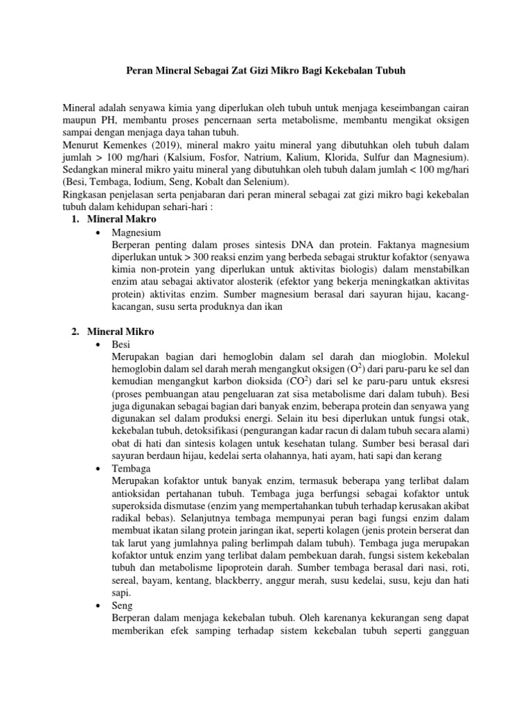 Peran Mineral Sebagai Zat Gizi Mikro Bagi Kekebalan Tubuh Edit CH | PDF