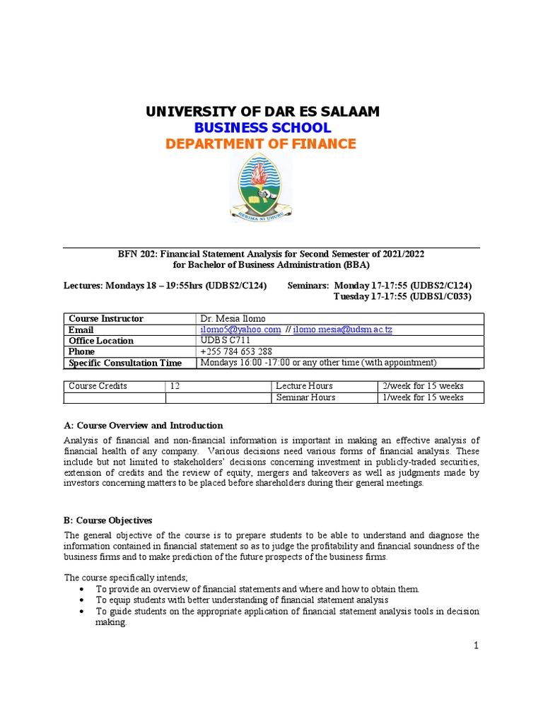 Financial Statement Analysis for Bachelor of Business Administration ...