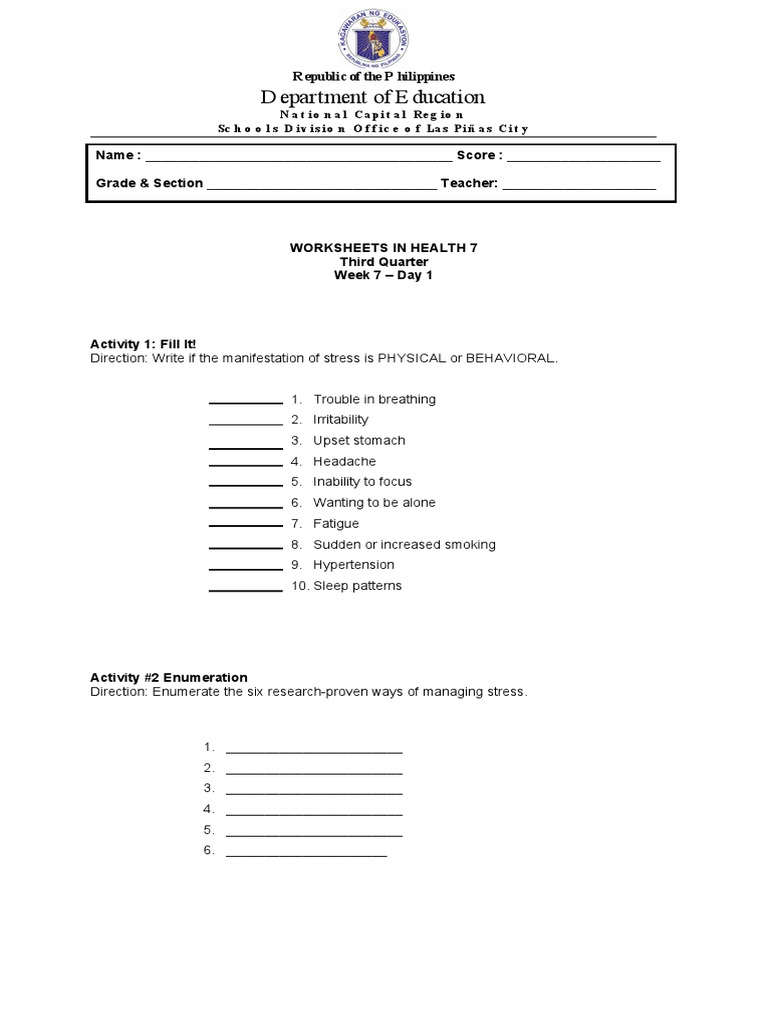 Health 7 Stress Worksheets | PDF | Mental Disorder | Major Depressive ...