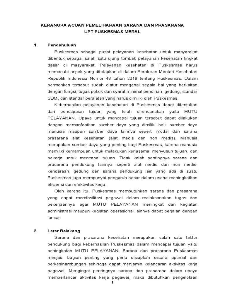 KAK Pemeliharaan Sarana Dan Prasarana Puskesmas | PDF