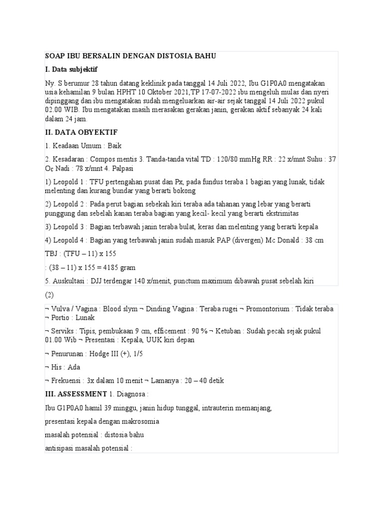 SOAP Persalinan Ibu dengan Distosia Bahu | PDF
