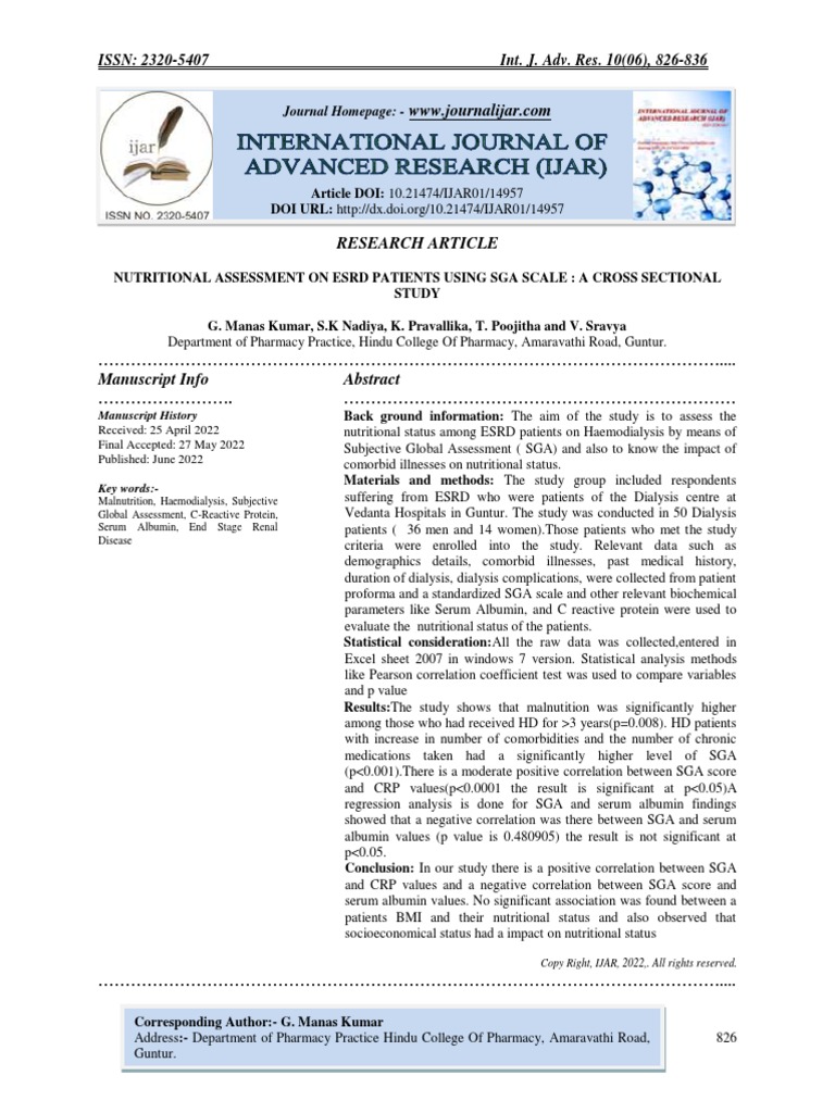 Nutritional Assessment On Esrd Patients Using Sga Scale: A Cross ...