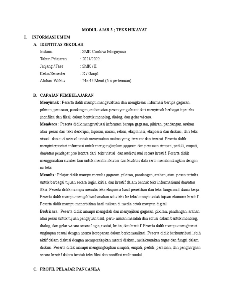Modul Ajar Teks Hikayat SMK | PDF | Karier & Perkembangan