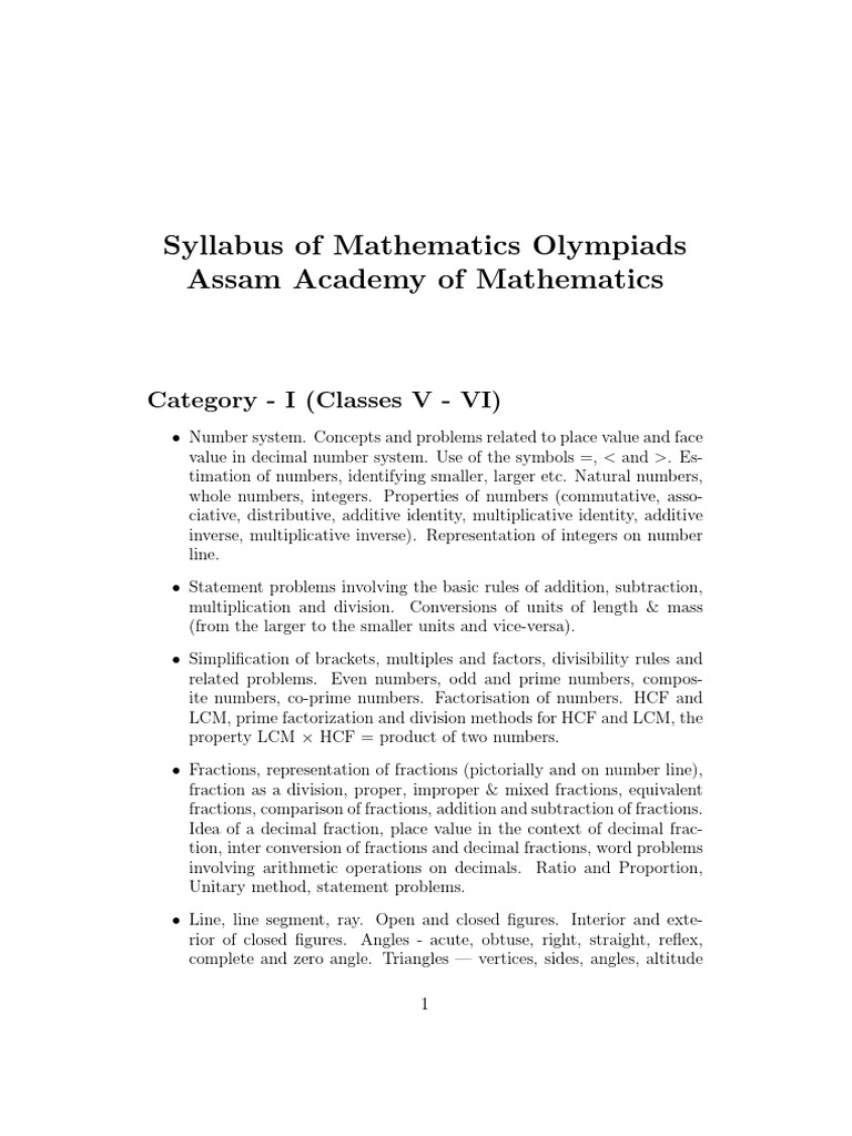 Syllabus of Mathematics Olympiads Assam Academy of Mathematics | PDF ...
