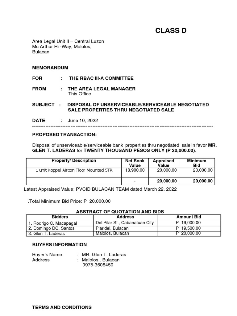 Class D: Property/ Description Net Book Value Appraised Value Minimum ...