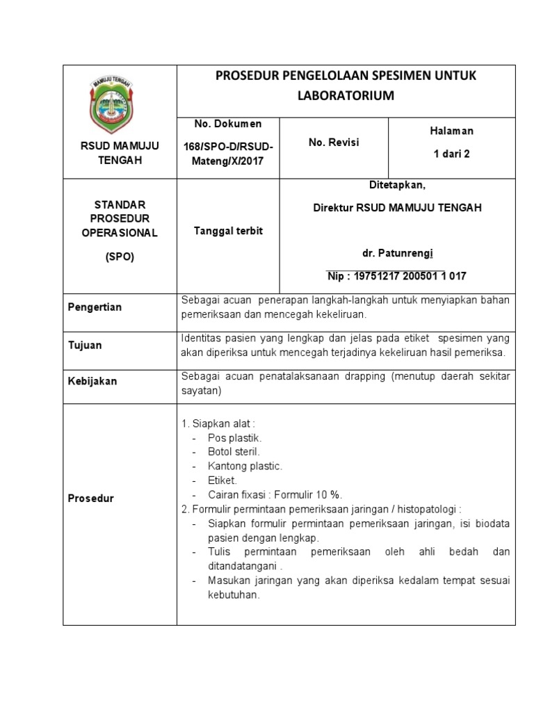 Prosedur Pengelolaan Spesimen Untuk Laboratorium | PDF