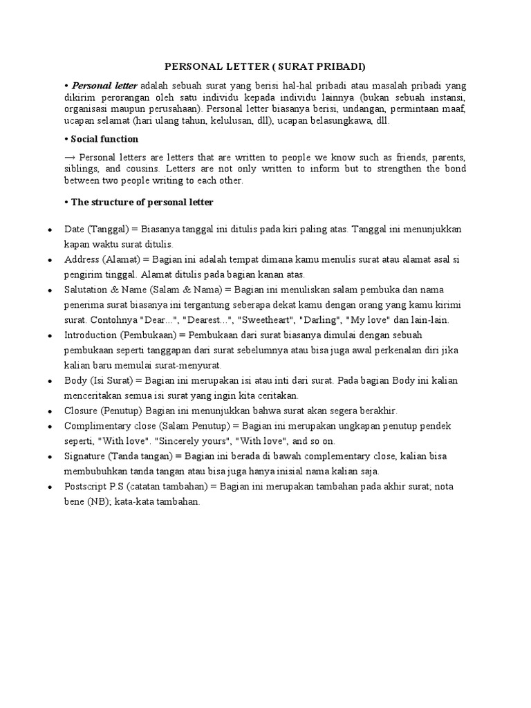 Struktur dan Contoh Surat Pribadi | PDF | Seni & Disiplin Bahasa ...