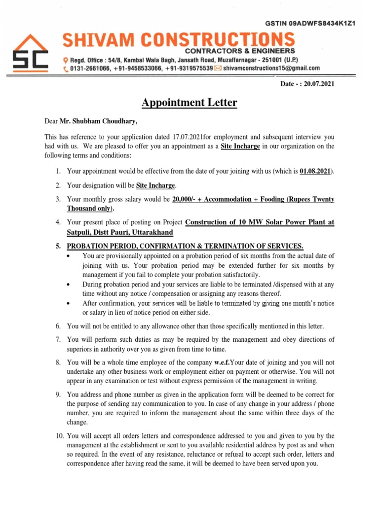 Appointment Letter (Shubham) | PDF | Intellectual Property | Trade Secret