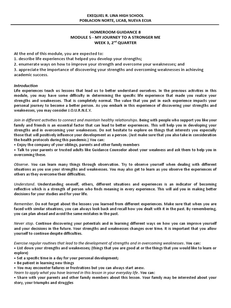 Homeroom Guidance 8 Module 5 - My Journey To A Stronger Me WEEK 3, 2 ...