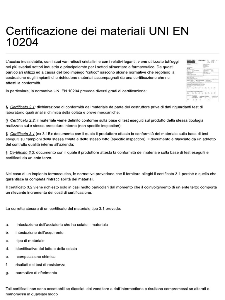 Certificazione Dei Materiali UNI EN 10204 | PDF