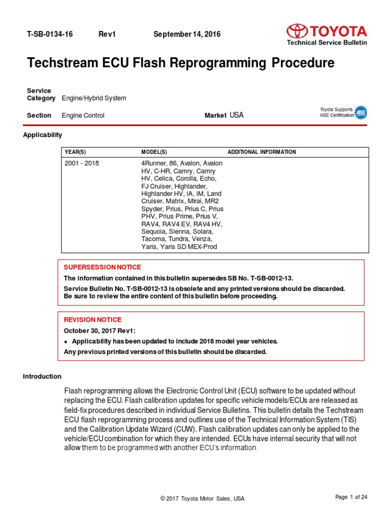 Techstream ECU Flash Reprogramming Procedure: T-SB-0134-16 Rev1 September 14, 2016 | PDF | Car ...