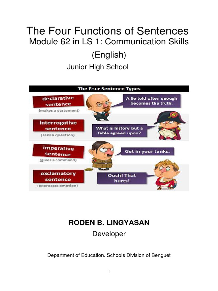 LS1, MODULE 62 in English, Four Functions of Sentences, JHS, Lingyasan ...