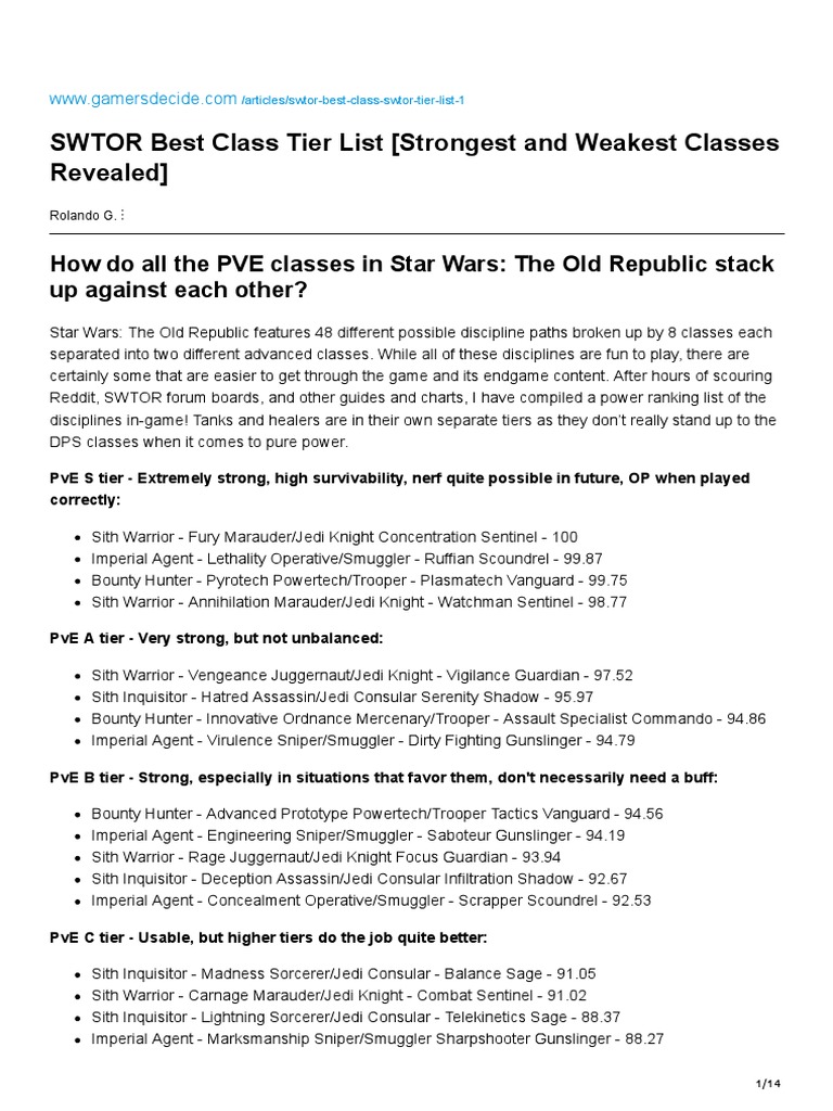 SWTOR Best Class Tier List Strongest and Weakest Classes Revealed | PDF ...